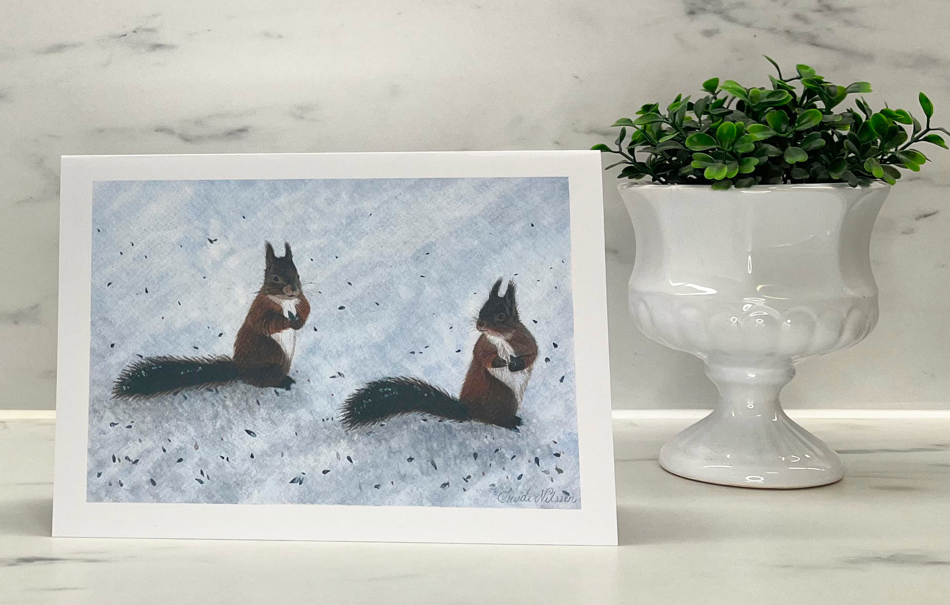 Kunstkort «Ekorn i vinterlek» A5 – Trude Nilssen Art